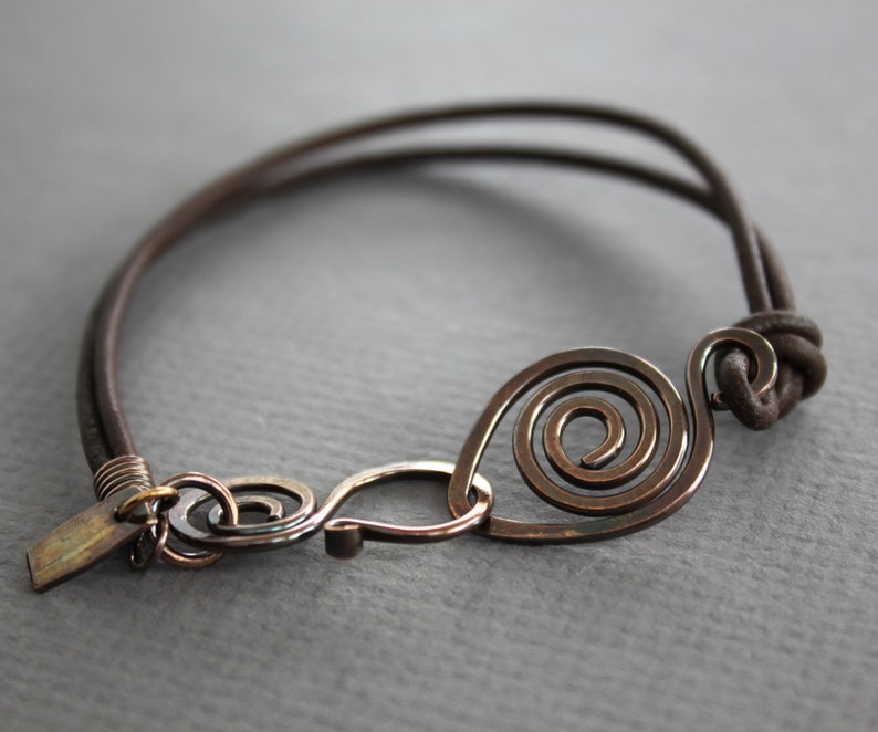 Brown leather copper bracelet with a swirl connector Rustic | Etsy