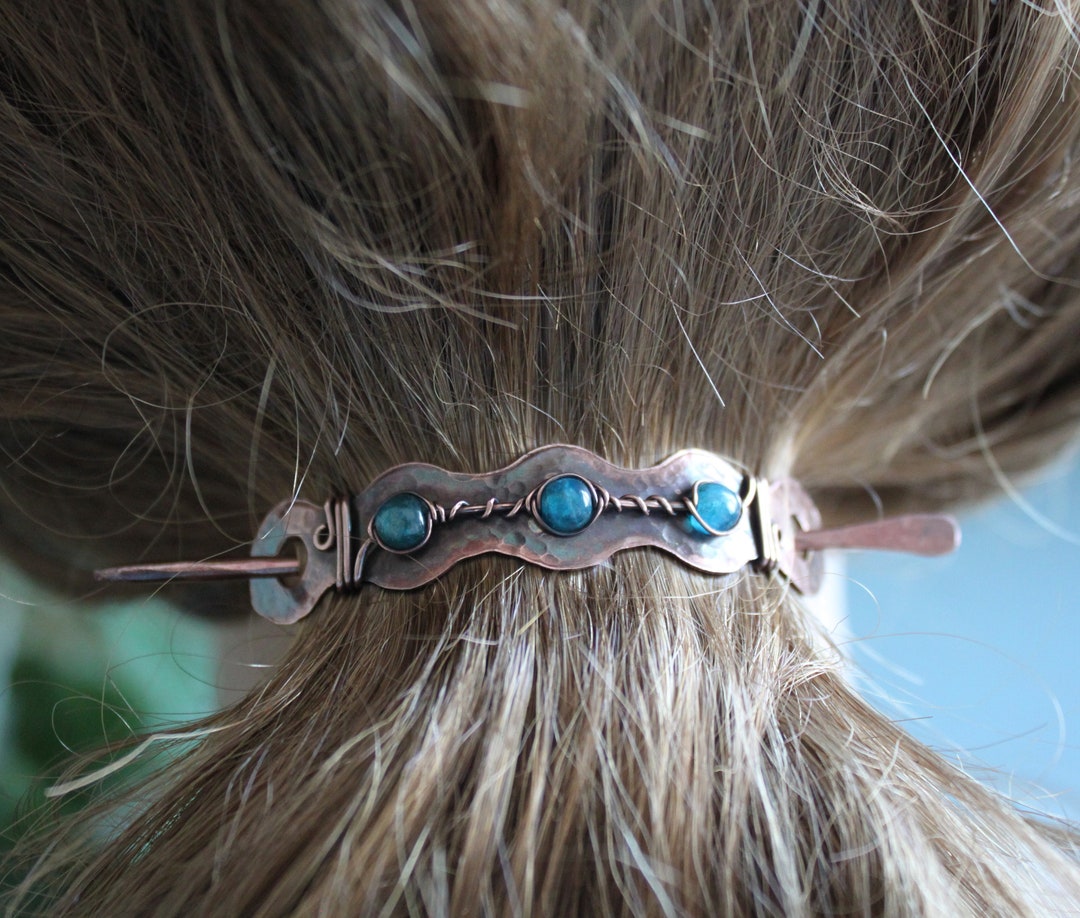 Copper Bun Holder With Blue Apatite Stones, Hair Cuff, Hair Slide, Hair ...