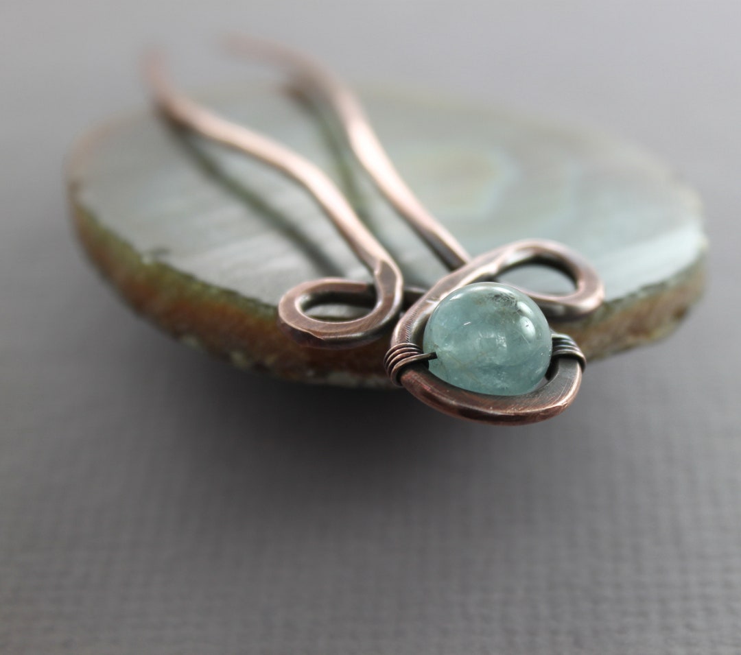 Celtic Knot Copper Hair Fork Pin With Aquamarine Stone - Etsy