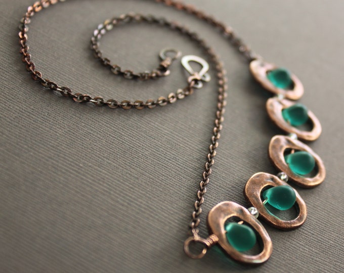Hoops Row Copper Necklace With Turquoise Teal Color Czech - Etsy