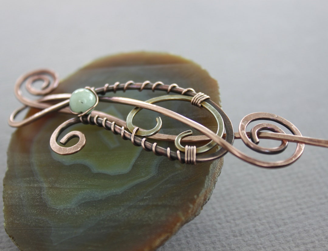 Aquamarine Copper Hair Pin: Hand Forged Shawl Pin Barrette - Etsy