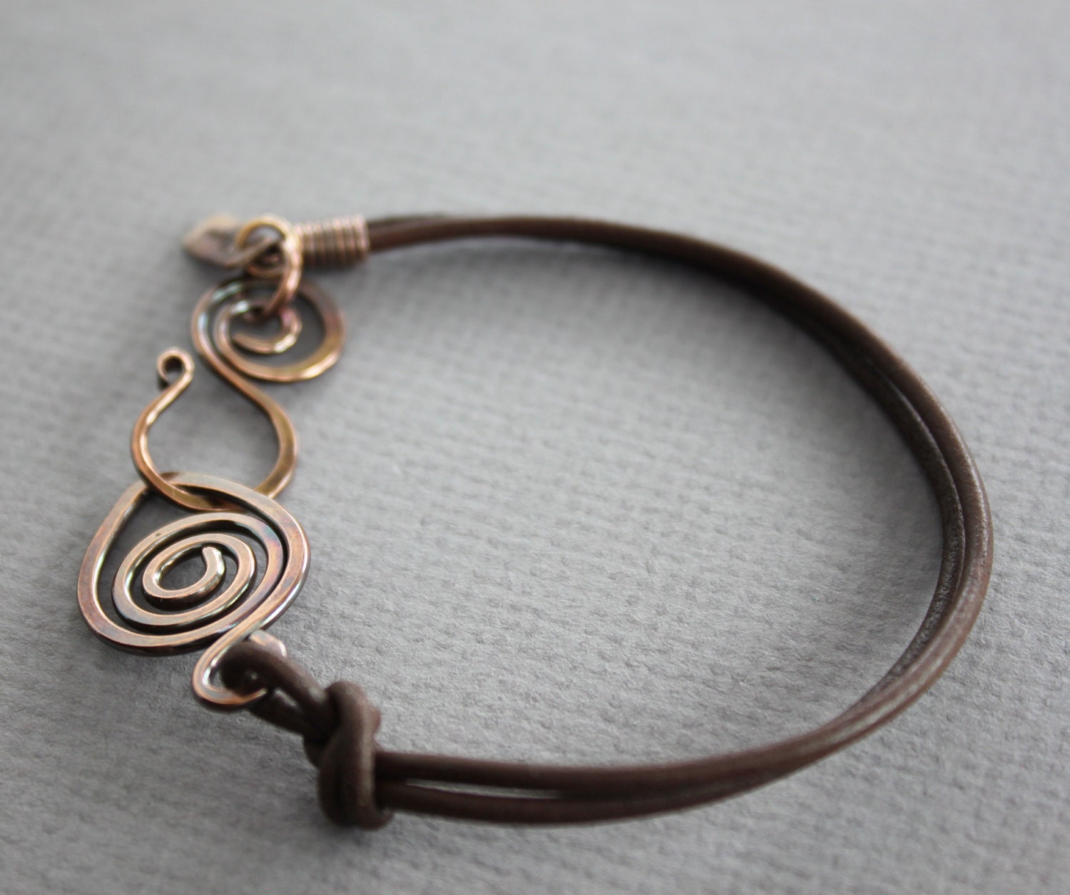 Brown Leather Copper Bracelet With a Swirl Connector Rustic - Etsy
