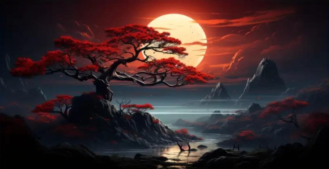Full Moon Red Tree Landscape, Finished Diamond Painting 100x50 Cm/39x20 ...