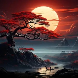 Full Moon Red Tree Landscape, Finished Diamond Painting 100x50 Cm/39x20 ...