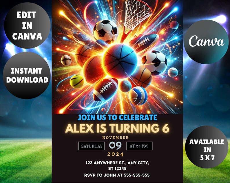 Neon Sports Invitation Template: All-star Theme (digital Download) - Etsy