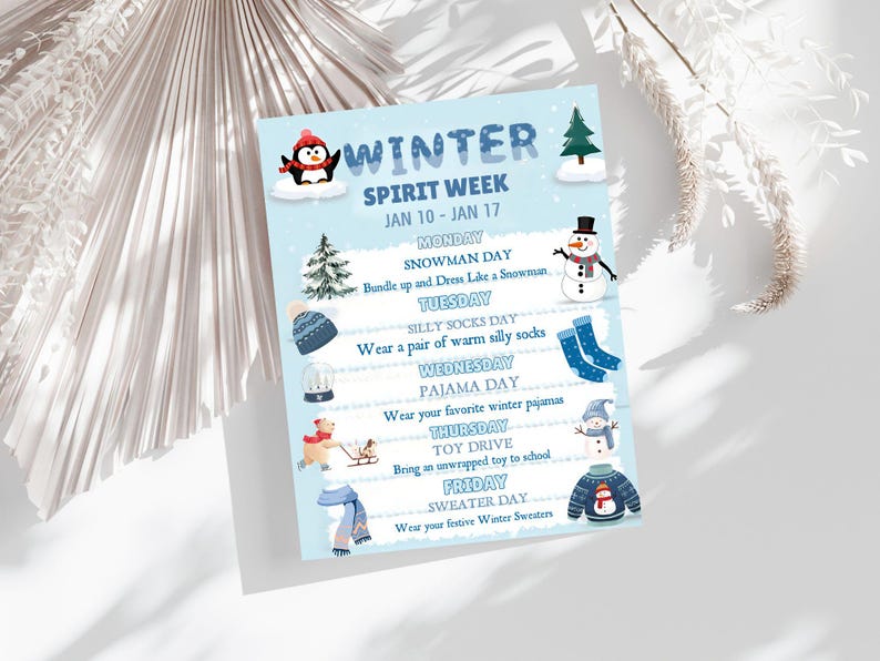 Winter School Spirit Week Itinerary: Editable CANVA Template (8.5x11 ...