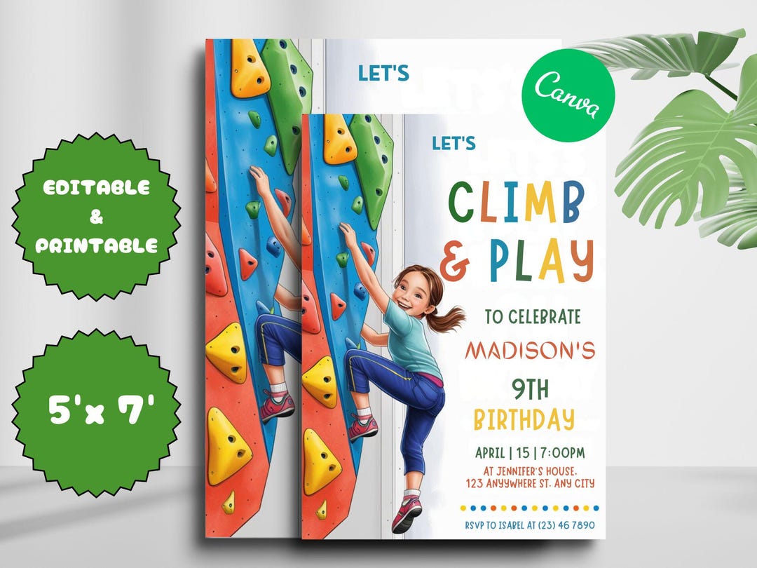 Editable Girl Rock Climbing Birthday Invitation, Printable Rock Wall ...
