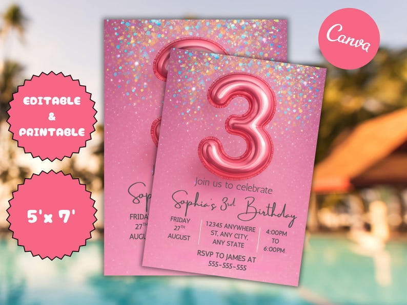 Pink Glitter 3rd Birthday Invitation: Rainbow Foil, Editable Template ...