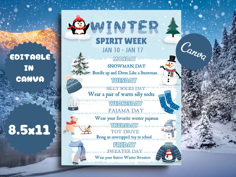 Winter School Spirit Week Itinerary: Editable CANVA Template (8.5x11 ...