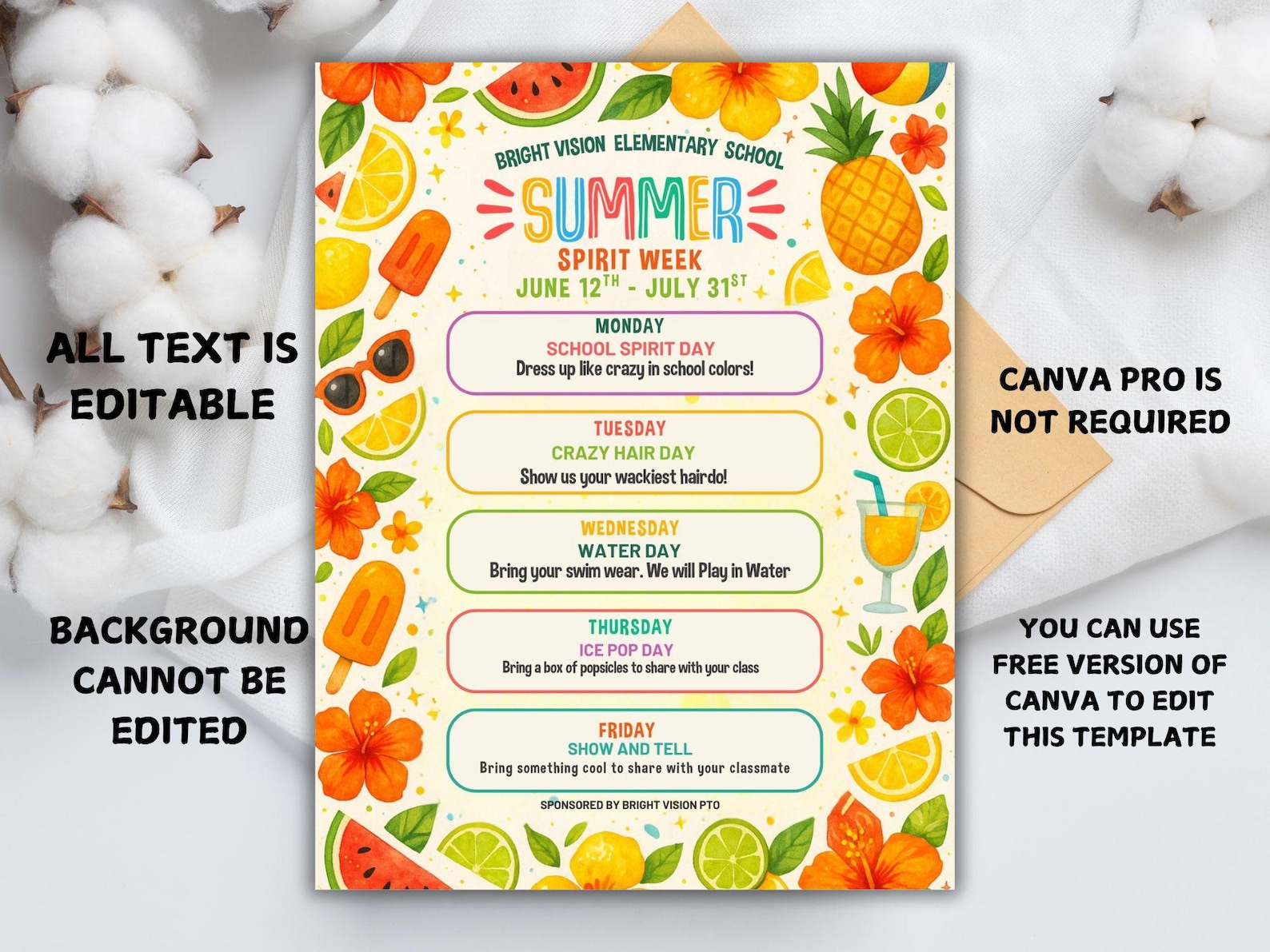 Summer Spirit Week Flyer Template, Editable, Printable, Summer Themed ...