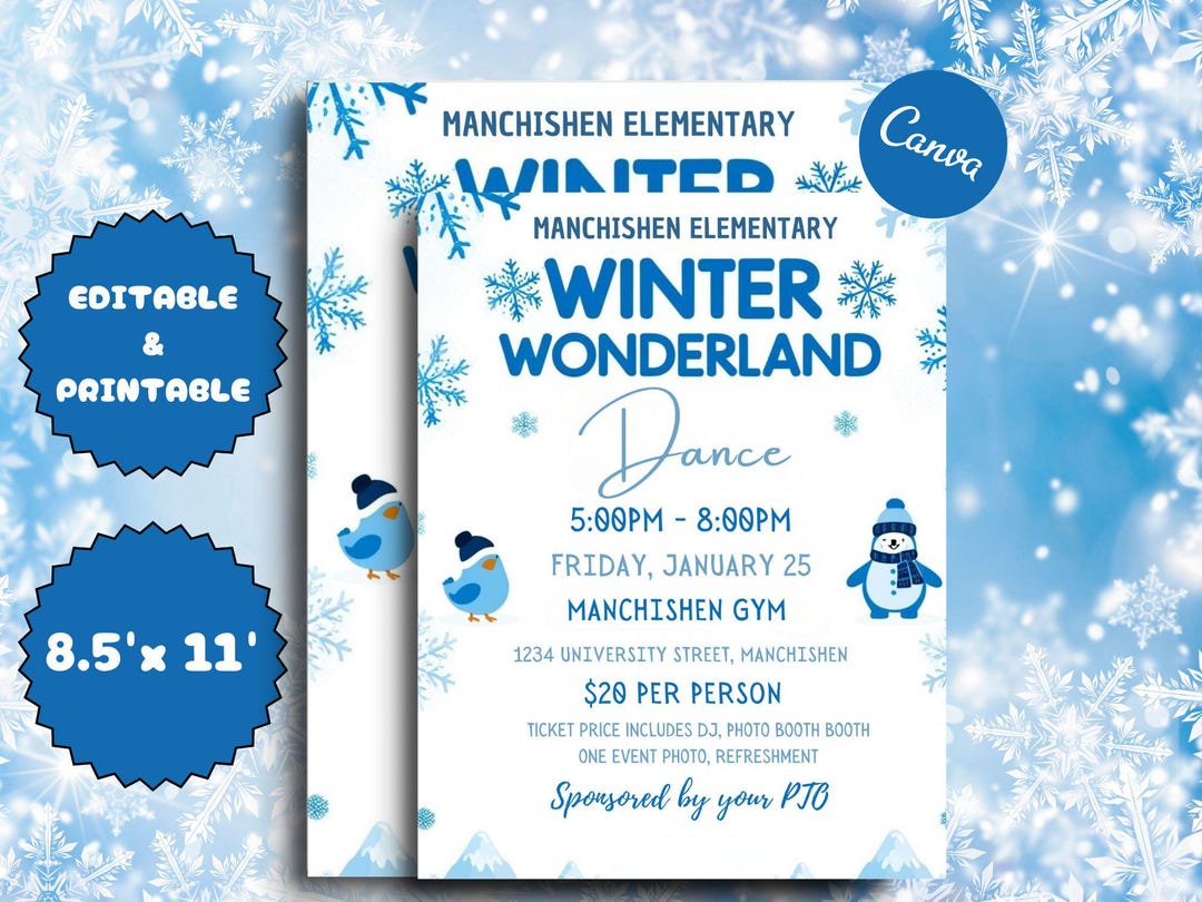 Editable Winter Wonderland School Dance Flyer, PTO PTA Winter ...