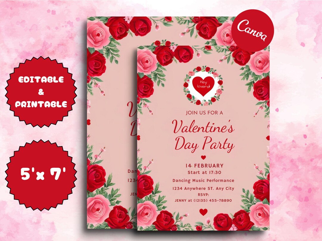 Editable Valentine's Day Party Invitation: Floral Design (5x7 Inches ...