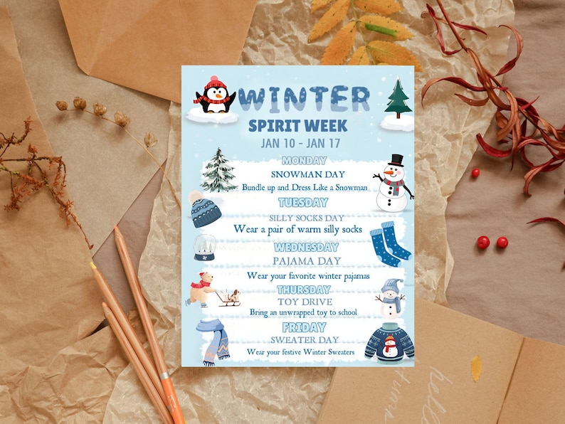 Winter School Spirit Week Itinerary: Editable CANVA Template (8.5x11 ...