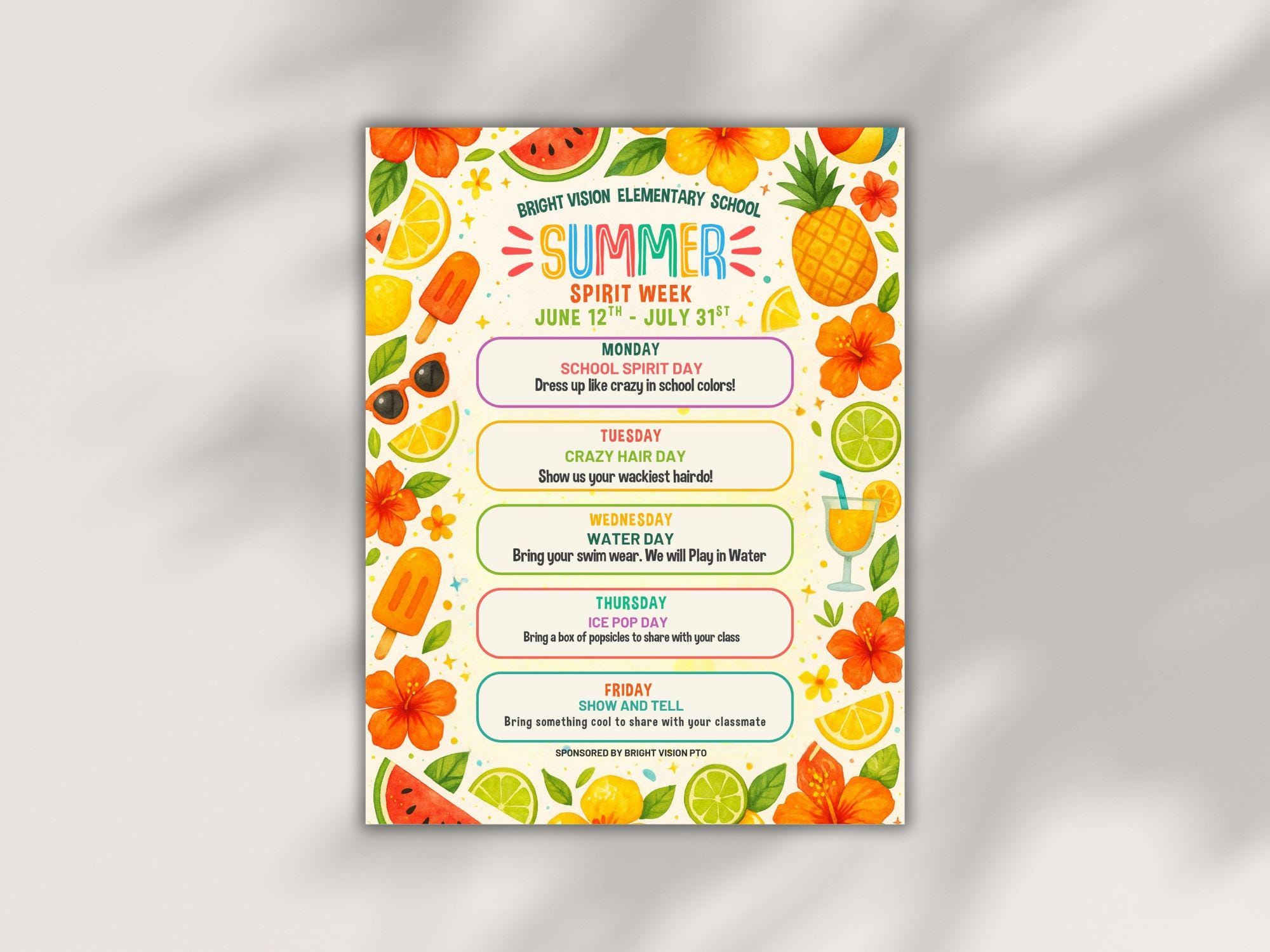 Summer Spirit Week Flyer Template, Editable, Printable, Summer Themed ...