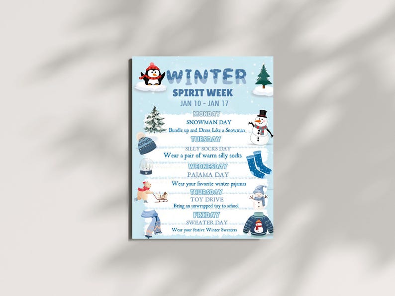 Winter School Spirit Week Itinerary: Editable CANVA Template (8.5x11 ...