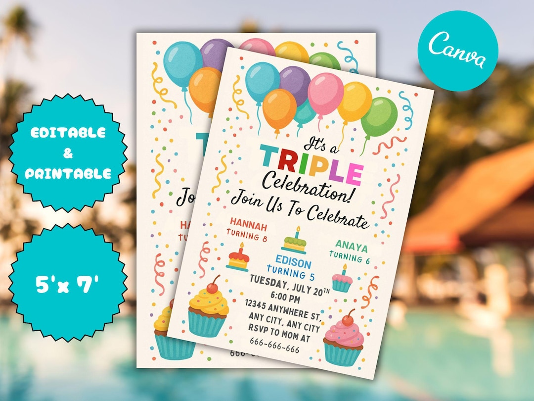 Triple Birthday Invitation, Sibling Birthday Invitation, Rainbow ...