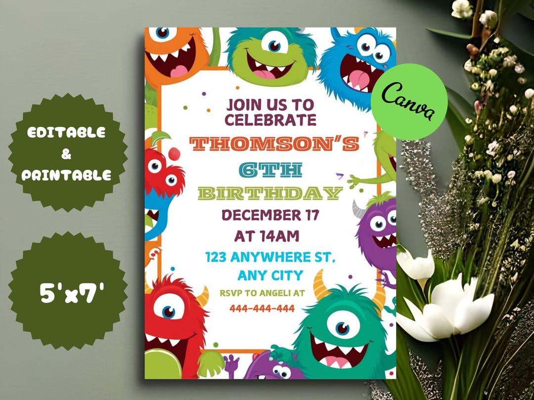 Editable Monster Birthday Invitation Template: 5x7 (canva) - Etsy