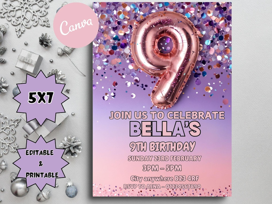 Pink Glitter 9th Birthday Invitation: Rainbow Foil (5x7) (digital ...