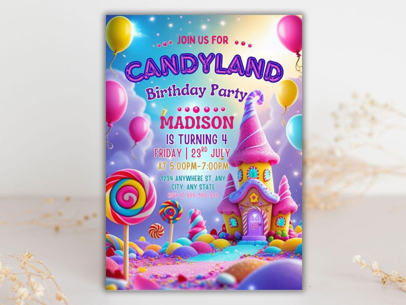 Candy Land Birthday Invitation: Editable Canva Template (5x7, PDF ...