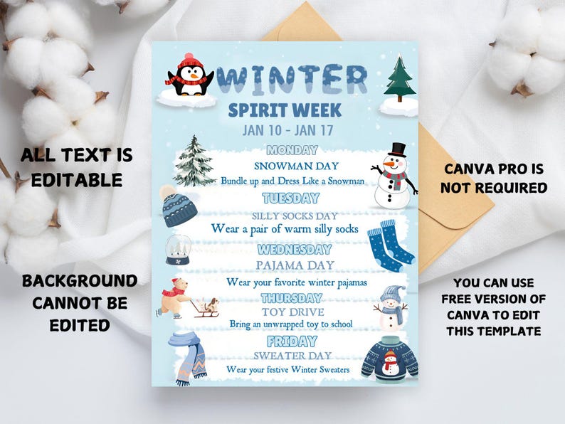 Winter School Spirit Week Itinerary: Editable CANVA Template (8.5x11 ...