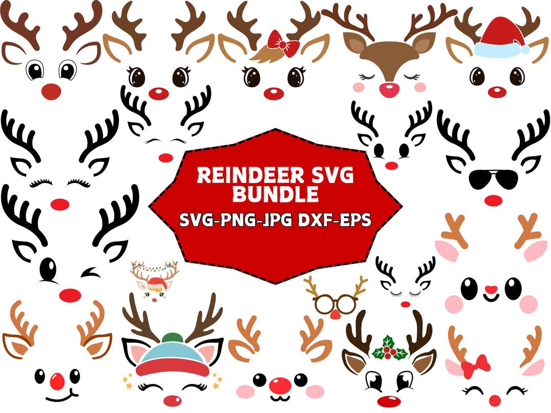 Christmas Reindeer Faces SVG PNG Bundle, Girl Reindeer SVG, Boy ...