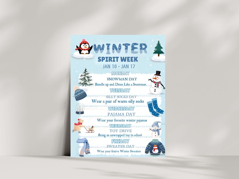 Winter School Spirit Week Itinerary: Editable CANVA Template (8.5x11 ...