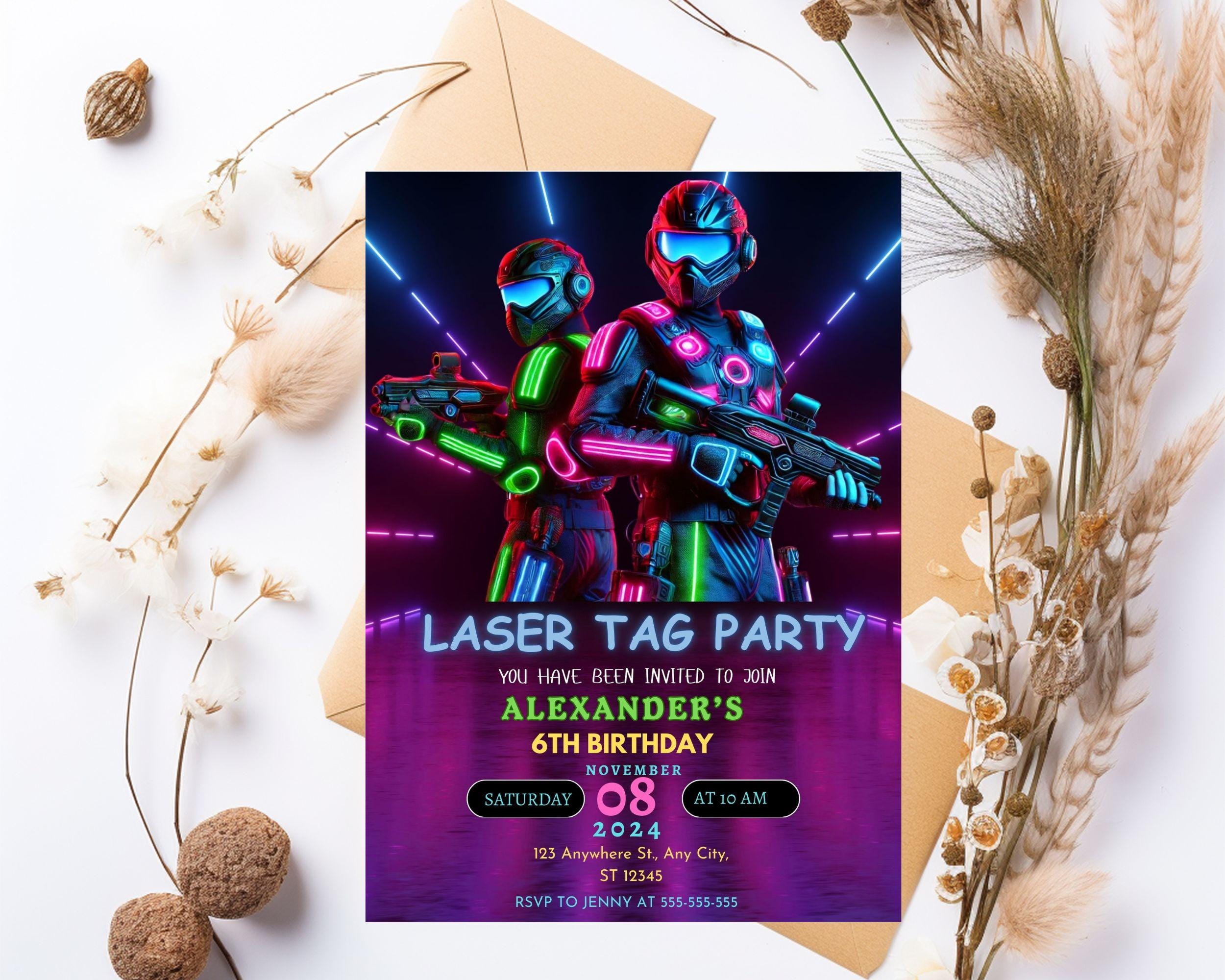 EDITABLE Laser Tag Birthday Invitation, Laser Tag Party Invite Template, Neon Red Glow Laser Tag ...