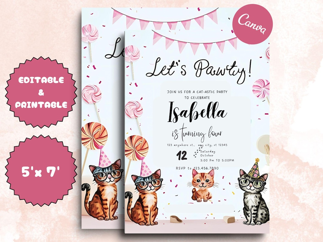 Editable Cats Birthday Invitation, Kitty Party Invite (digital Template ...