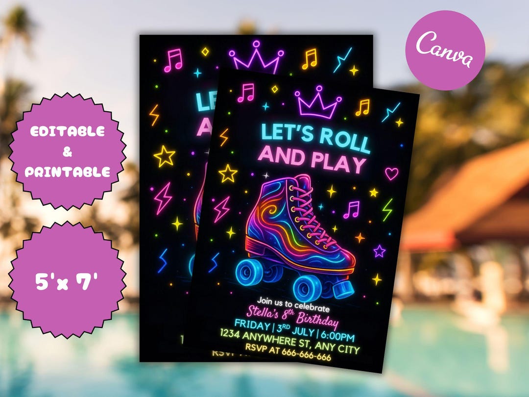 Editable Roller Skating Invitation for a Glow Party Birthday, 70s/80s ...