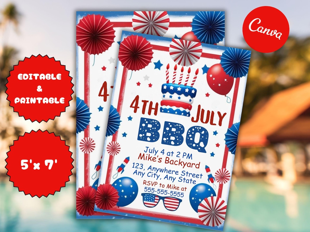 Editable 4th of July BBQ Invitation: Patriotic Party Invite (5x7, PDF ...
