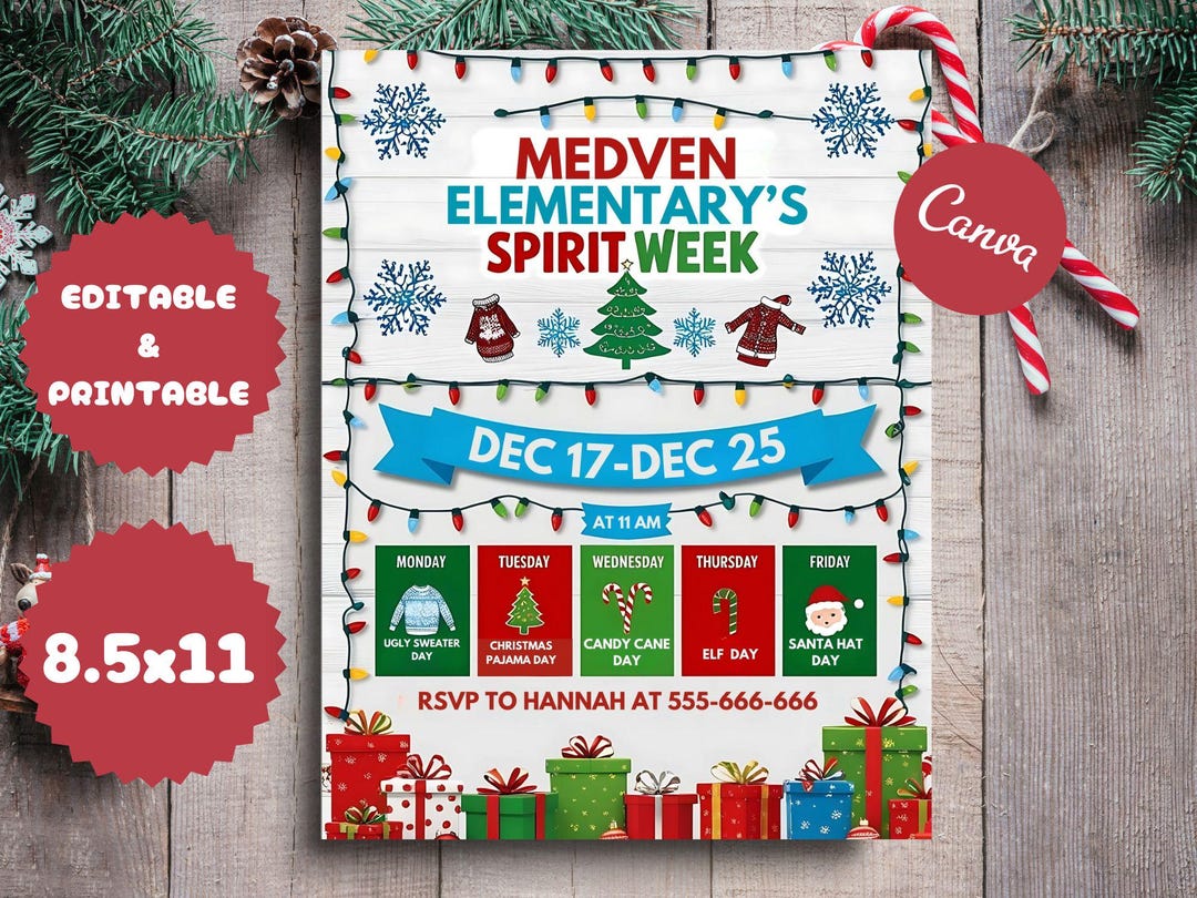 Customizable Holiday School Spirit Week Flyer, PTO Schedule, December ...