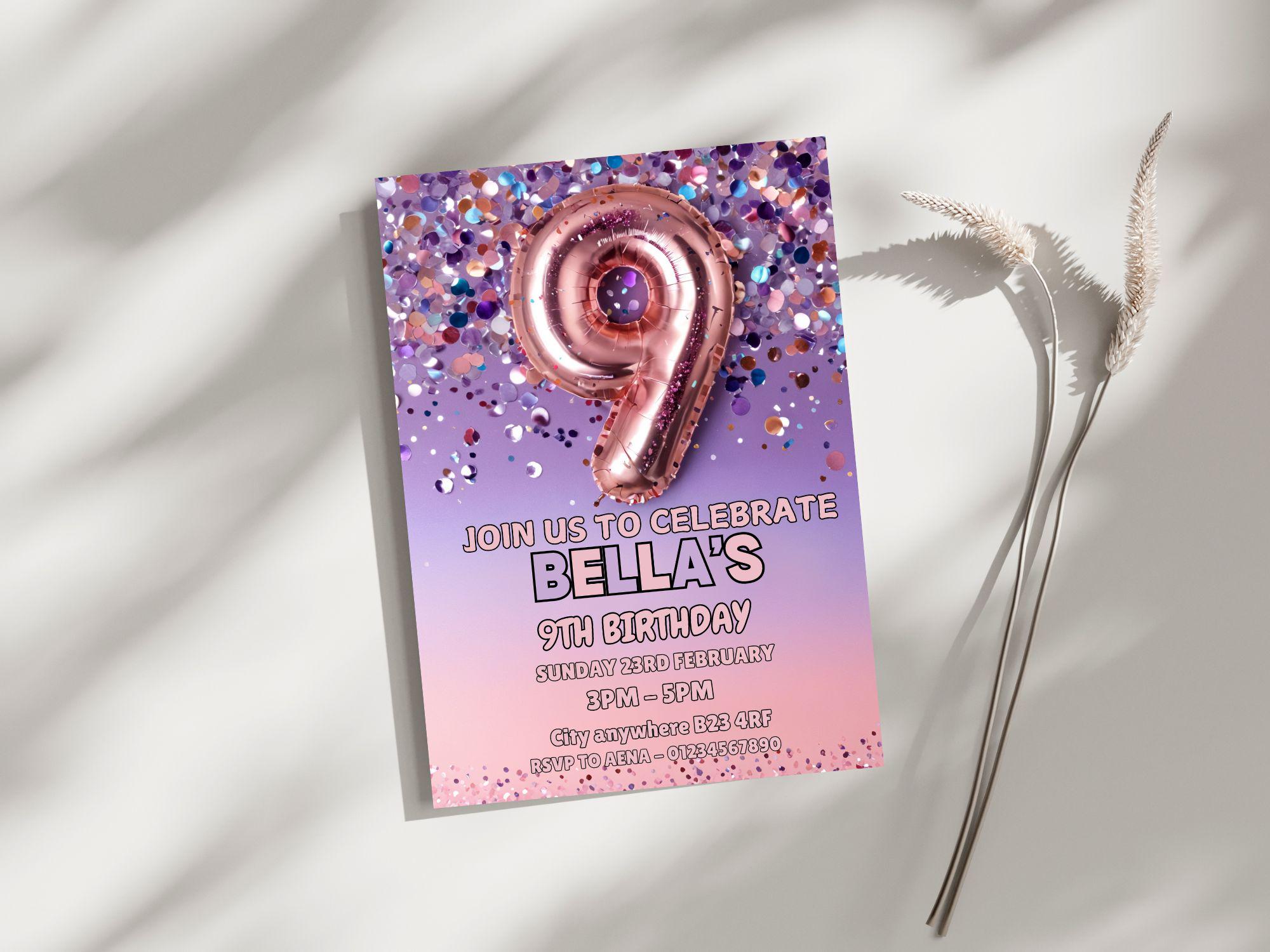 Pink Glitter 9th Birthday Invitation: Rainbow Foil (5x7) (digital ...