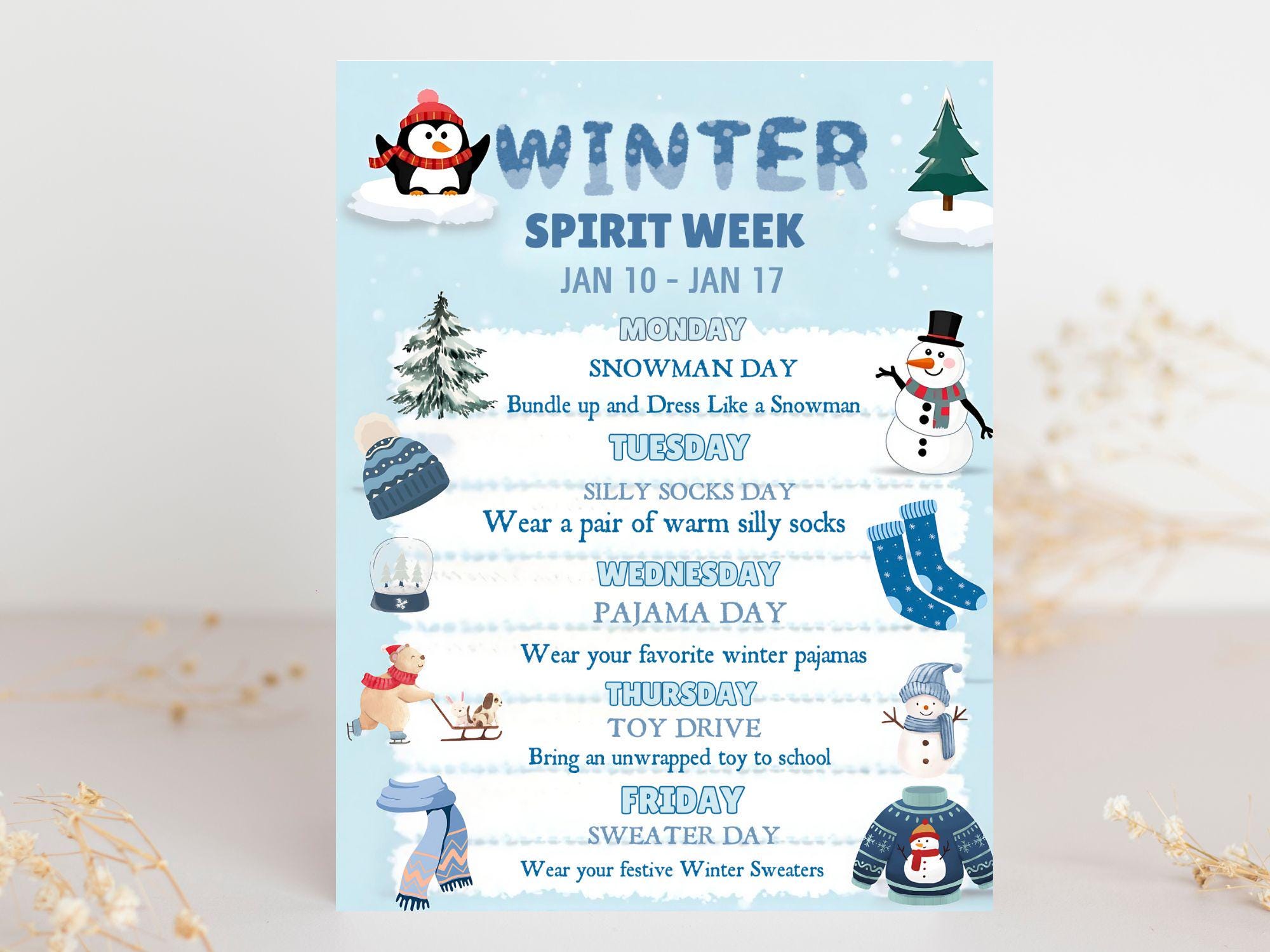 Winter School Spirit Week Itinerary: Editable CANVA Template (8.5x11 ...