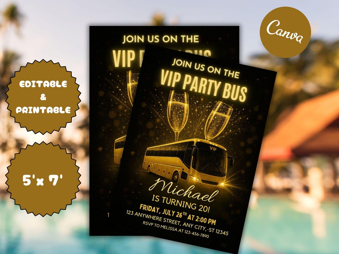 Editable Neon Party Bus Invitation: VIP Birthday, Limo Party (canva ...