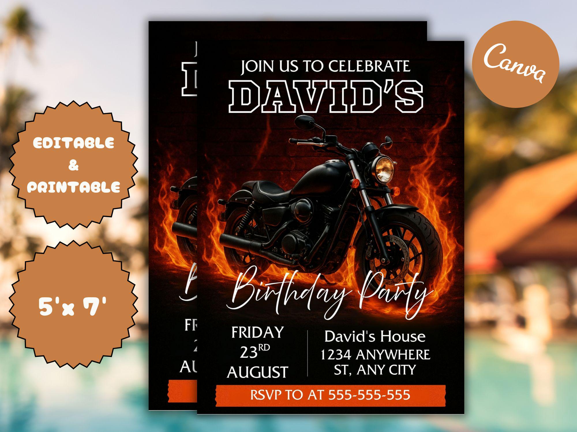 Motorcycle Birthday Invitation Template: Editable Bike Party Invite ...