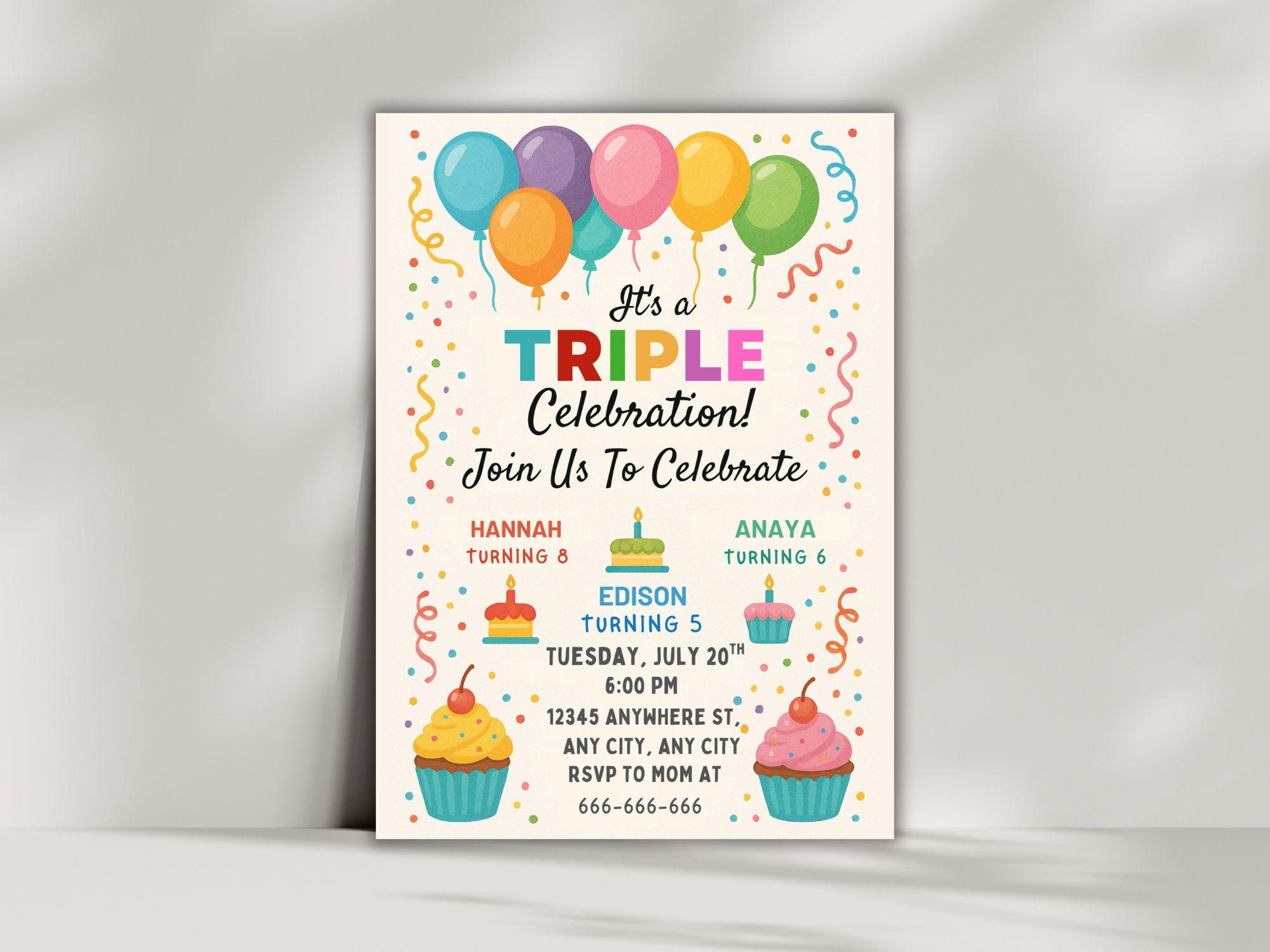 Triple Birthday Invitation, Sibling Birthday Invitation, Rainbow ...