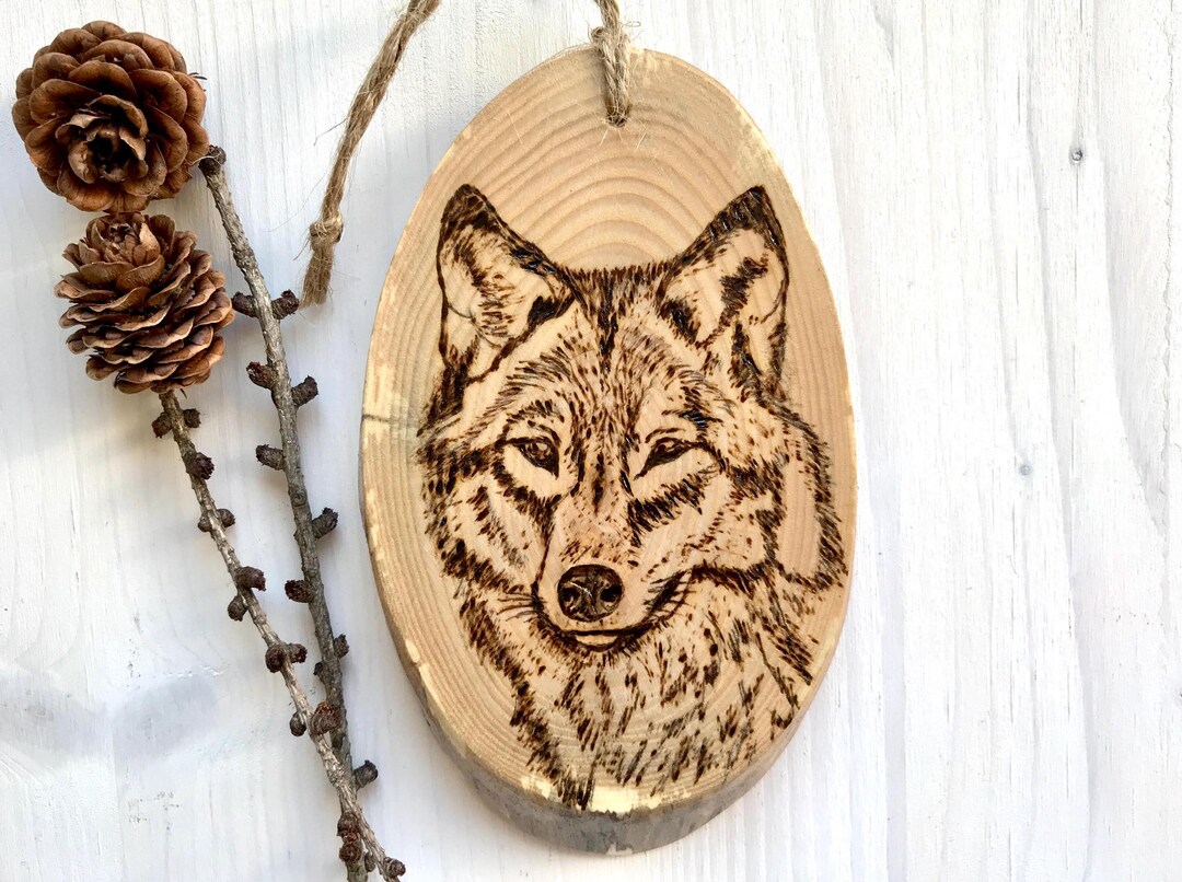Wood Disc Wolf Portrait Tree Disc Pyrography Wall Hanging Wood ...