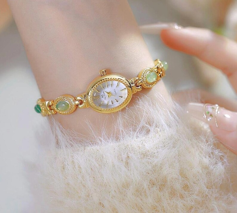 Gold Watches for Women With Small Vintage Bracelet Elegant Jade Oval ...