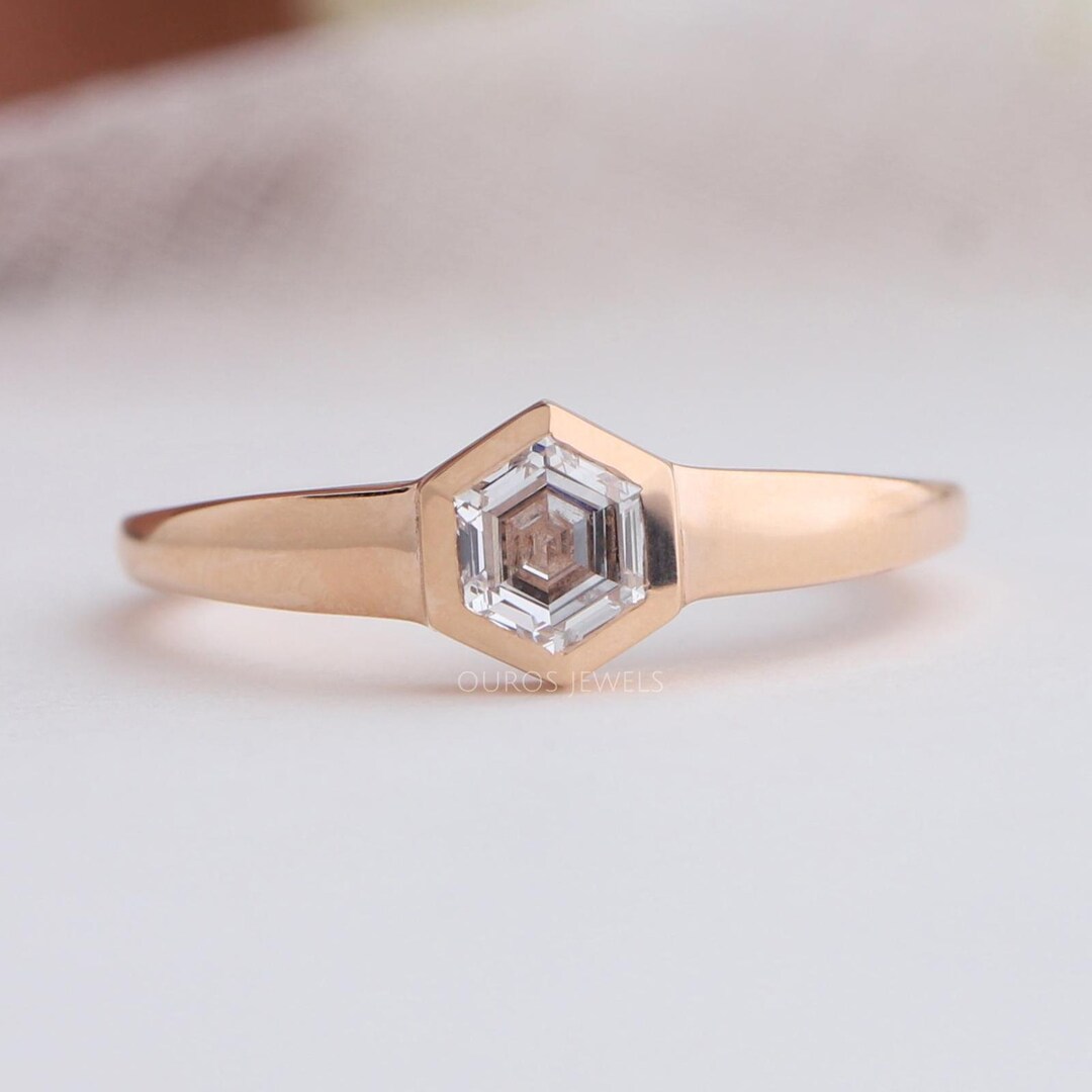 Hexagon Cut Lab Diamond Bezel Set Wedding Ring, 14K Rose Gold Solitaire ...