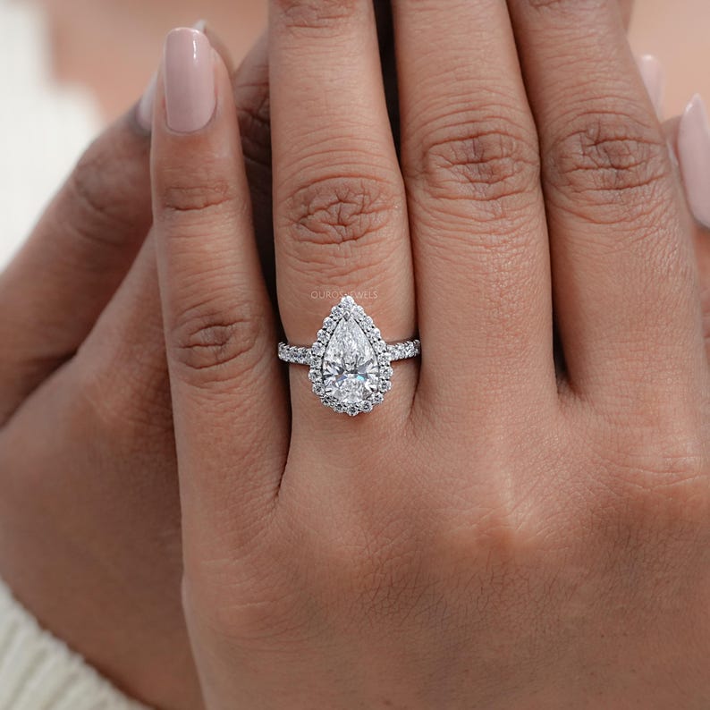 2.00 Carat Pear Cut Conflict Free Diamond Halo Accent Ring, Lab Grown ...