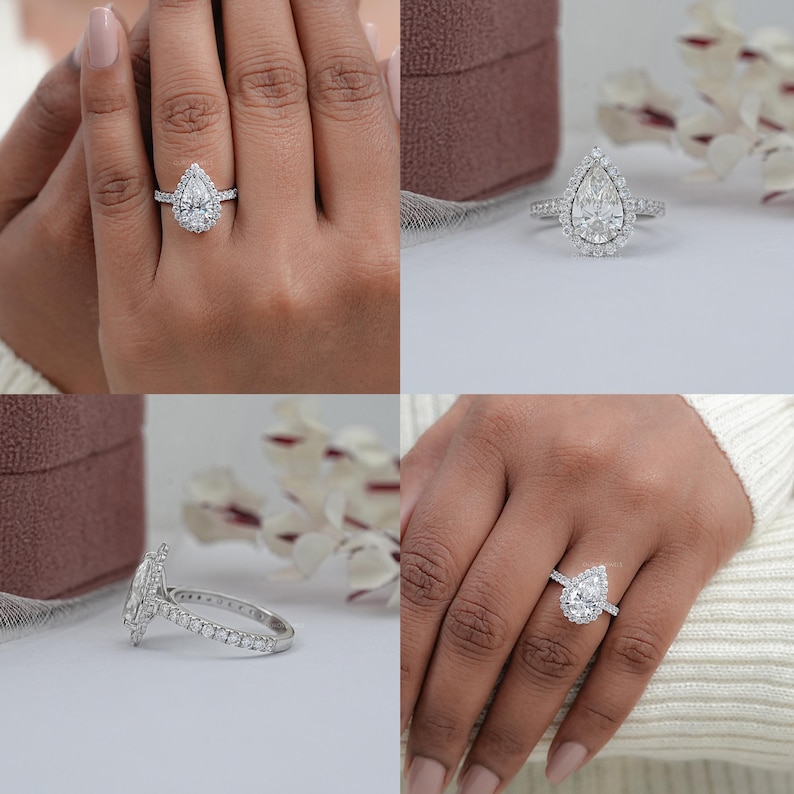 2.00 Carat Pear Cut Conflict Free Diamond Halo Accent Ring, Lab Grown ...