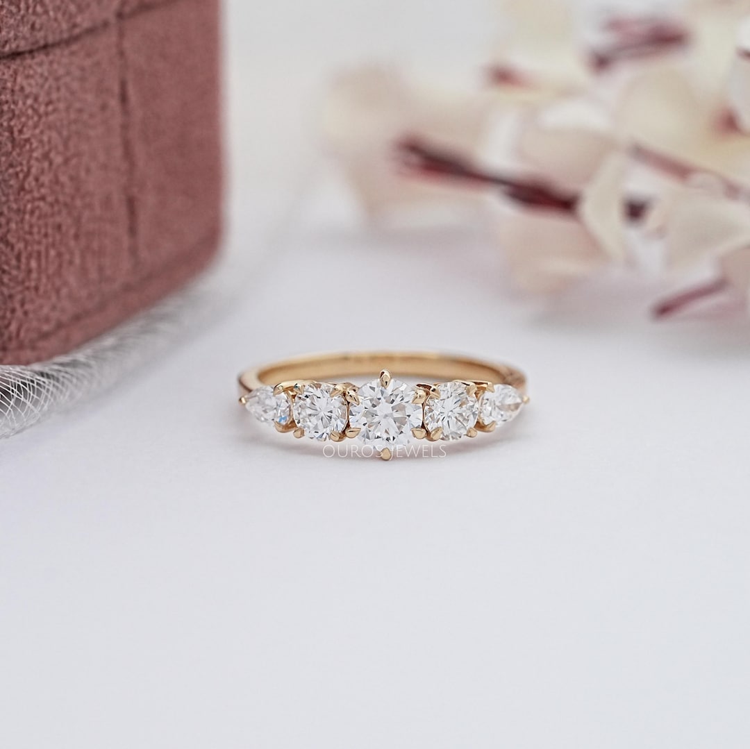 Five Stone Round Cut Lab Diamond Wedding Ring, Side Stone Pear Cut ...