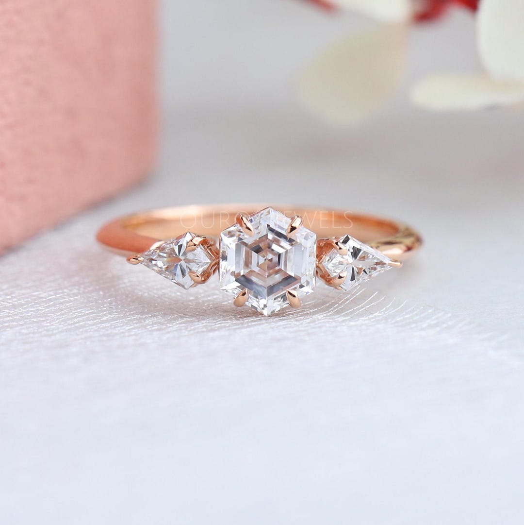 Three Stone Hexagon Cut Lab Diamond Engagement Ring, Side Kite Cut ...