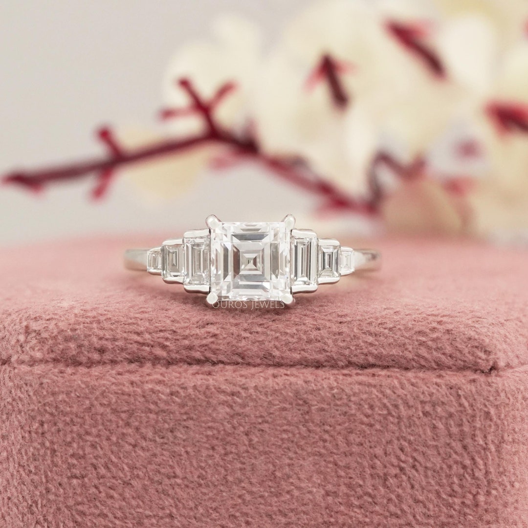 Carre Cut Lab Grown Diamond Seven Stone Ring, Half Bezel Set Baguette ...