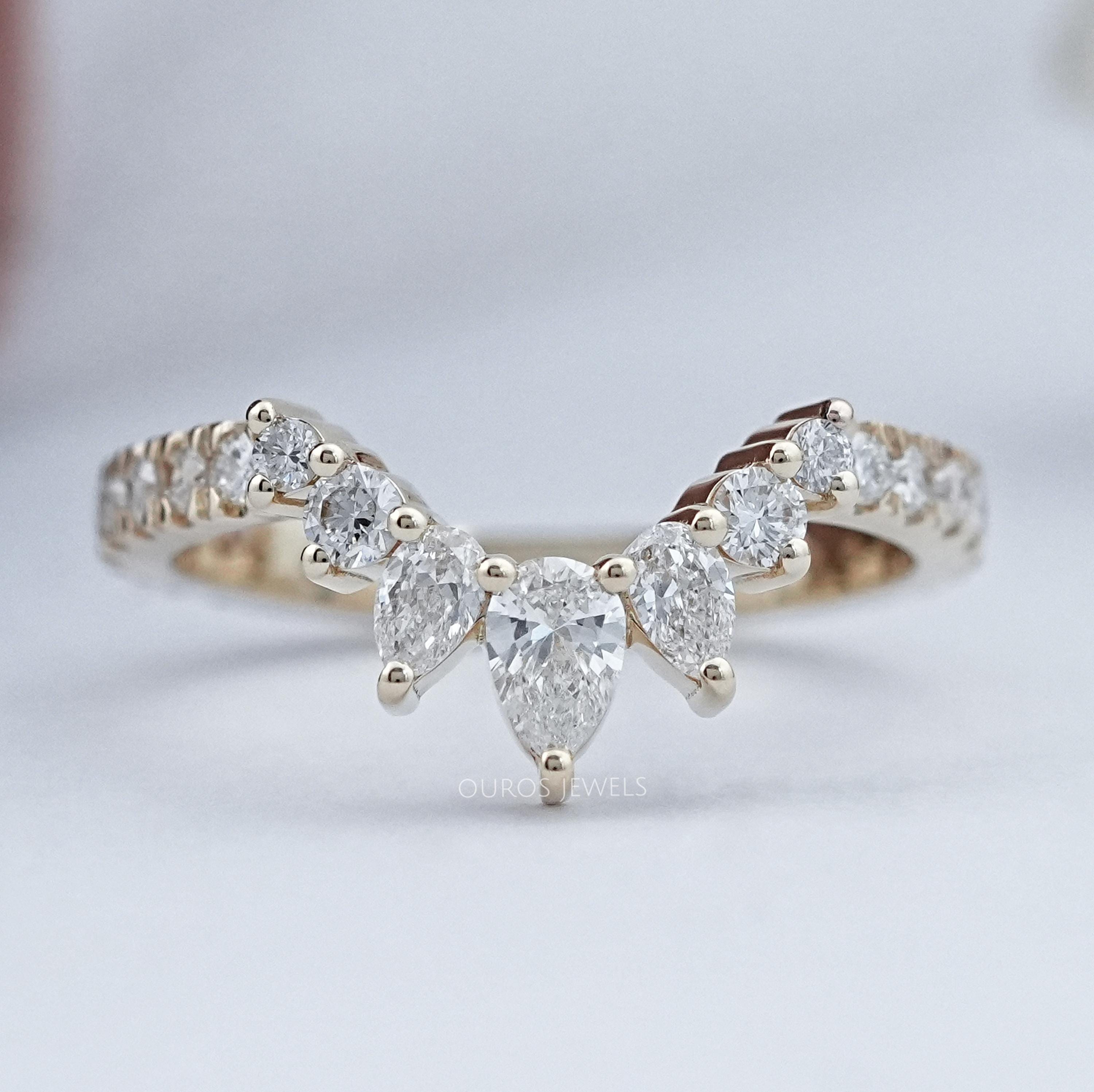 Pear Cut Lab Grown Diamond Curved Band, 14K Solid Gold Stacking Band ...