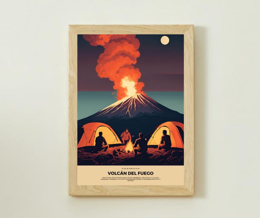 El Fuego Volcano Poster Guatemala Camping Campfire Illustration ...