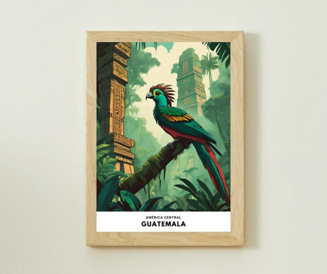 Poster Guatemala Quetzal Mayan Temple Ancient Ruins Jungle Illustration ...