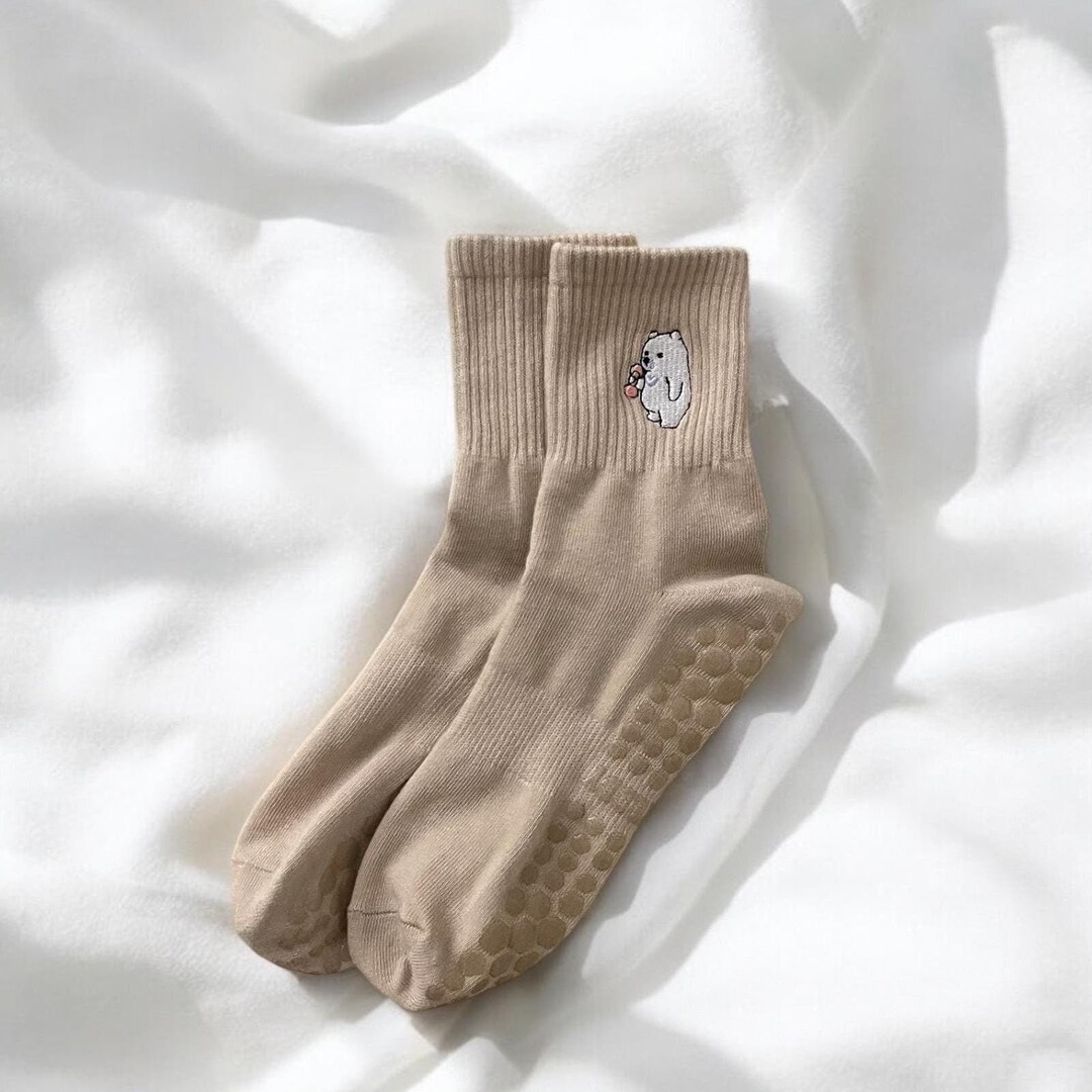 Cute Weight Lifting Polar Bear With Dumbbell Embroidered Pilates Socks ...