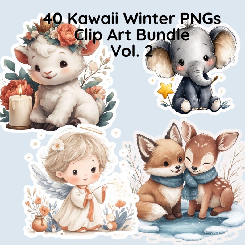 Kawaii Winter Clipart Bundle Vol. 2 – 40 Adorable Pngs | Cozy Animals ...