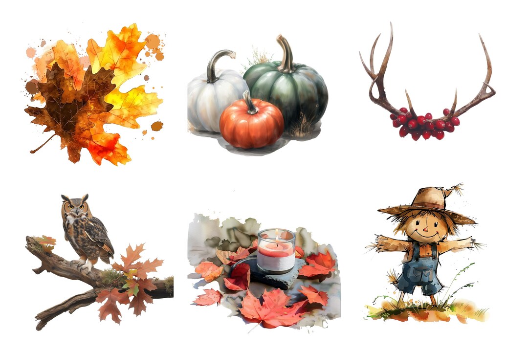 Autumn Watercolor Clipart Set: Pumpkins, Leaves & Fall Decor Pngs for ...